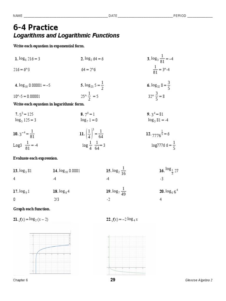 6-4 Practice: Logarithms and Logarithmic Functions | PDF | Logarithm ...
