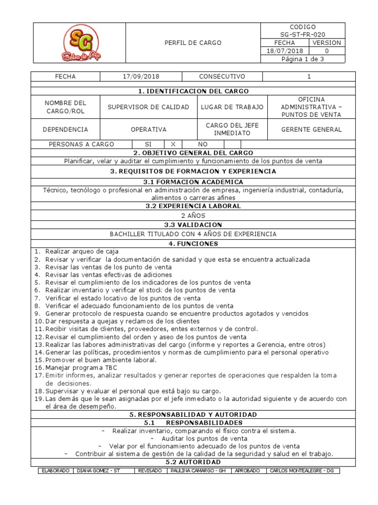 1 Perfil Supervisor de Calidad | PDF | Planificación | Calidad (comercial)