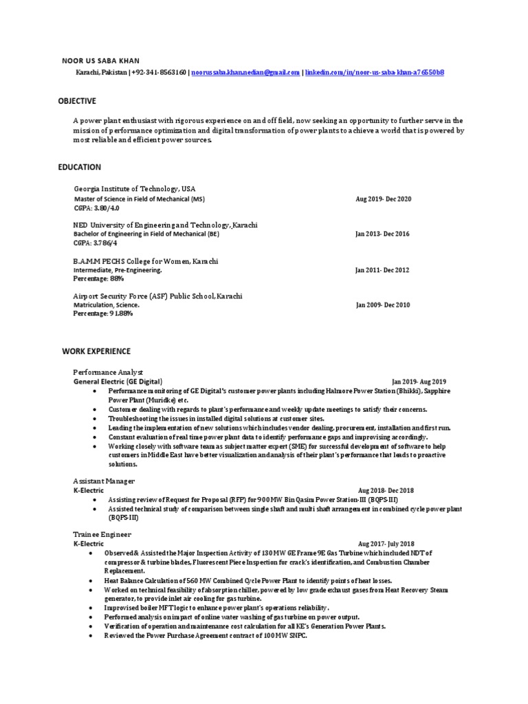 Noor Saba CV | PDF | Power Station | Energy Production