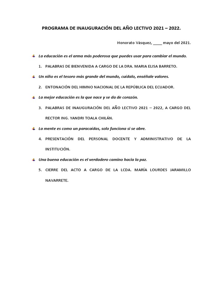 Programa de Inauguración Del Año Lectivo 2021 | PDF