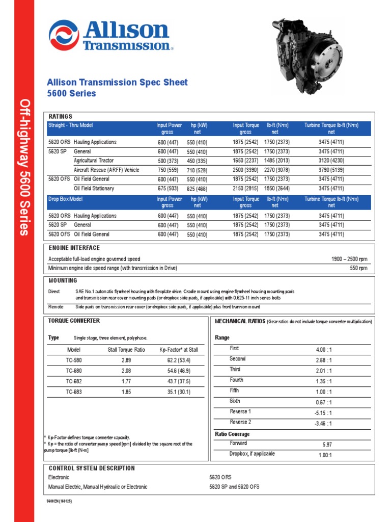 Allison Transmission Spec Sheet 5600 Series: Ratings | PDF ...
