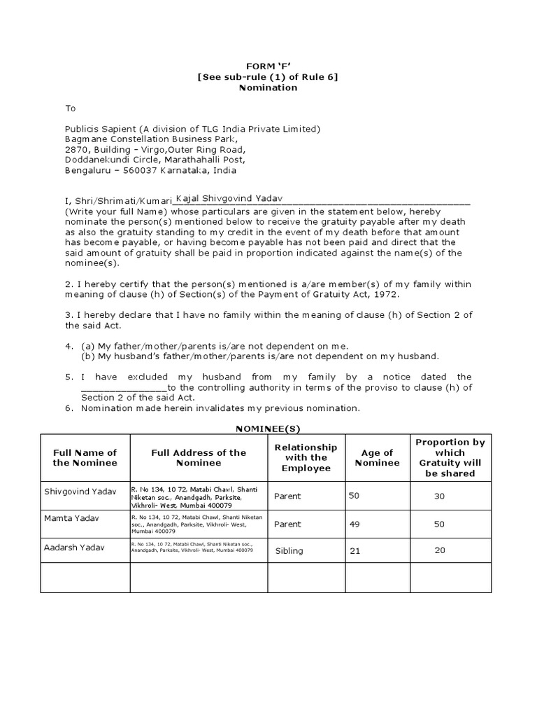 Form F' (See Sub-Rule (1) of Rule 6) Nomination: Kajal Shivgovind Yadav | PDF