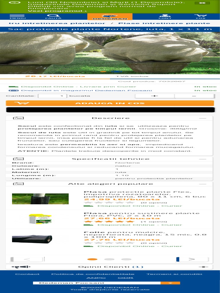 Dedeman Sac Protectie Plante Nortene, Iuta, 1 X 1.1 M - Dedicat ...