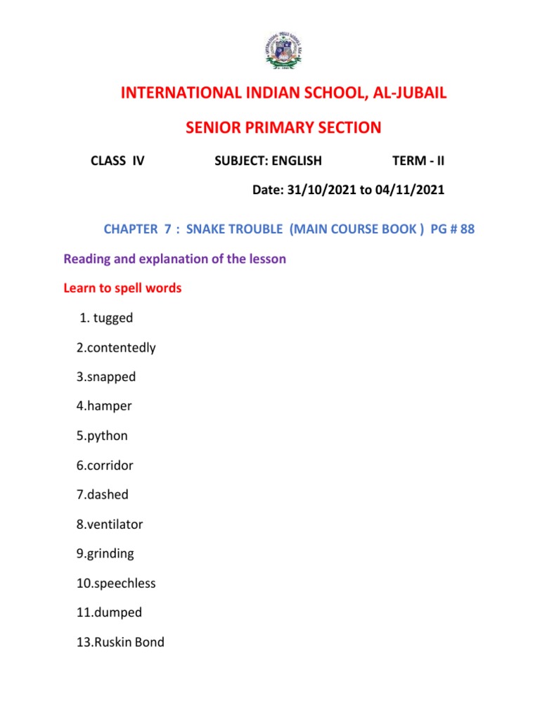 Class 4 English Notes-Term 2-Snake Trouble | PDF