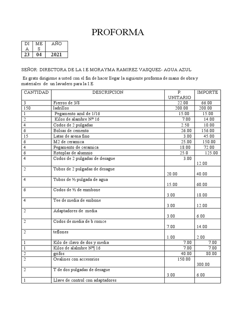 Proforma para la construcción de un lavadero escolar | PDF | Material ...