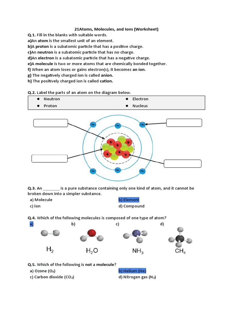 Atoms, Molecules, and Ions Worksheet | PDF | Ion | Atoms