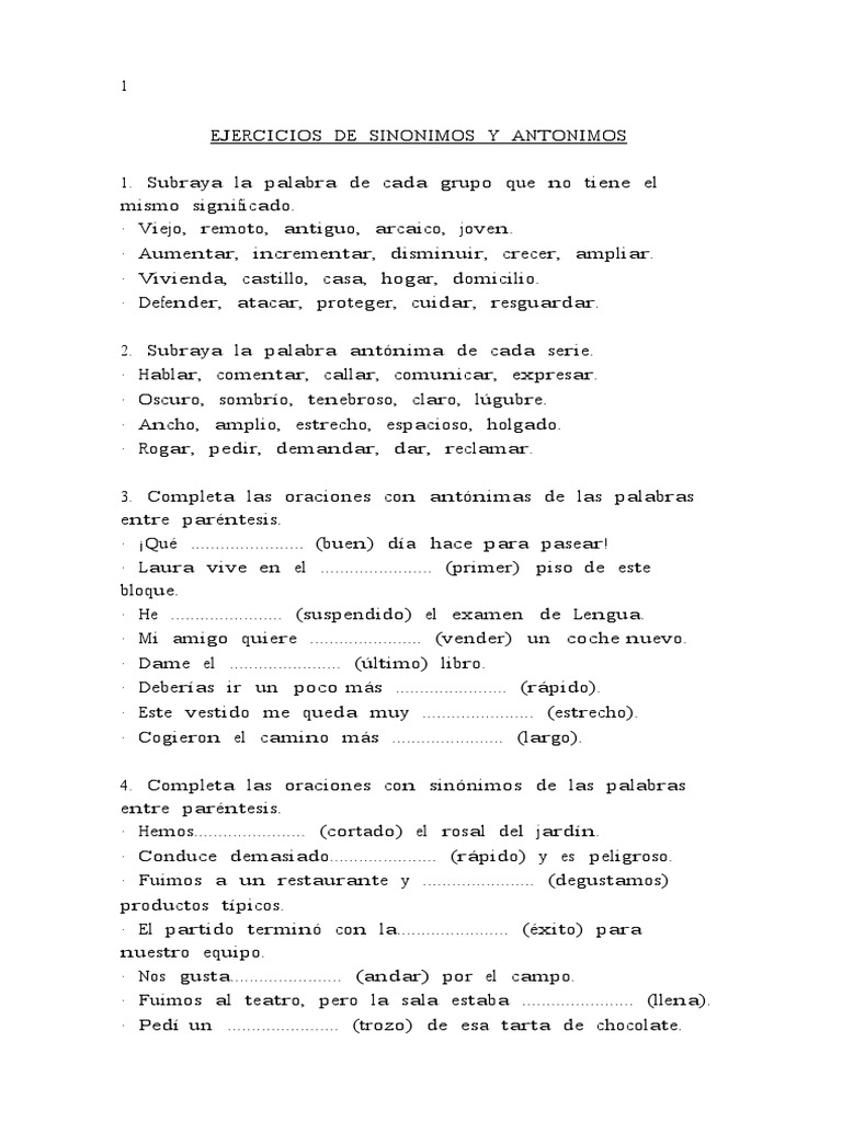 Ejercicios de Sinonimos y Antonimos | PDF