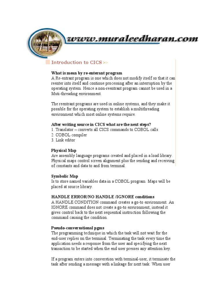 Introduction To Cics What Is Mean By Re Enterant Program Pdf