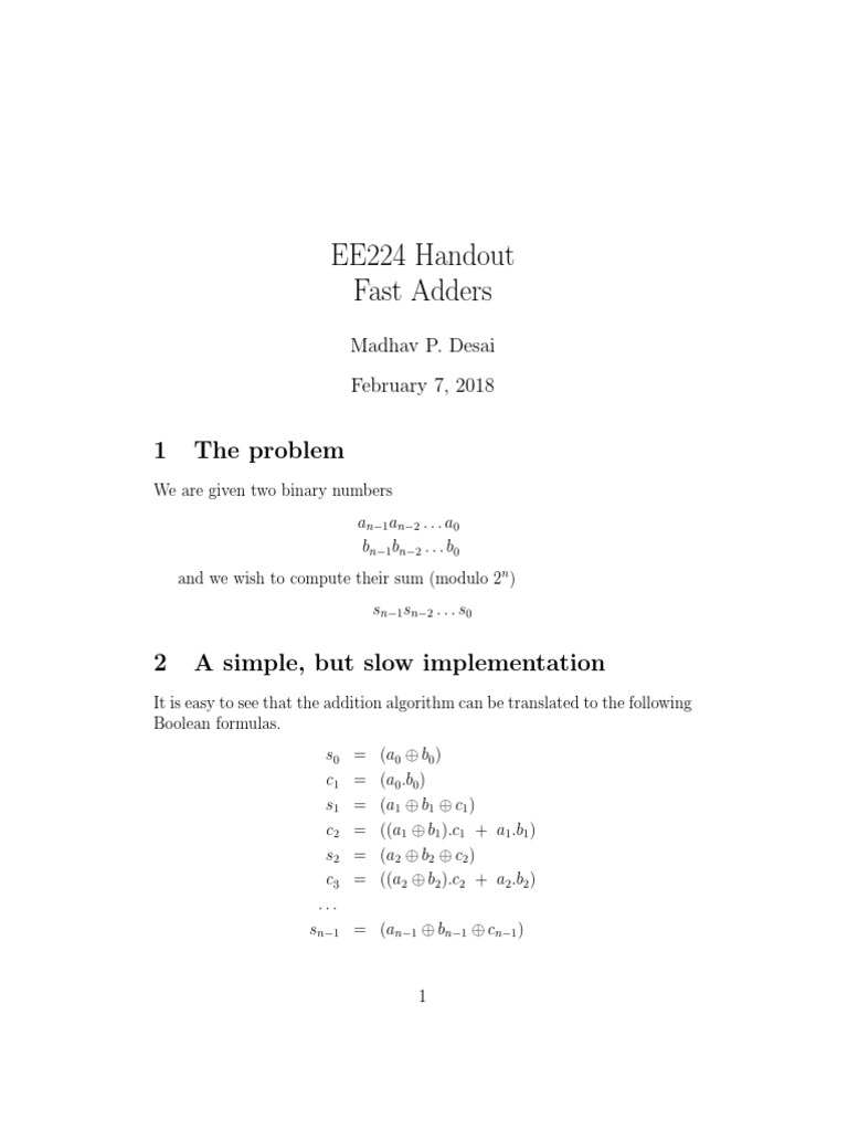 EE224 Handout Fast Adders: 1 The Problem | PDF | Computing | Applied Mathematics