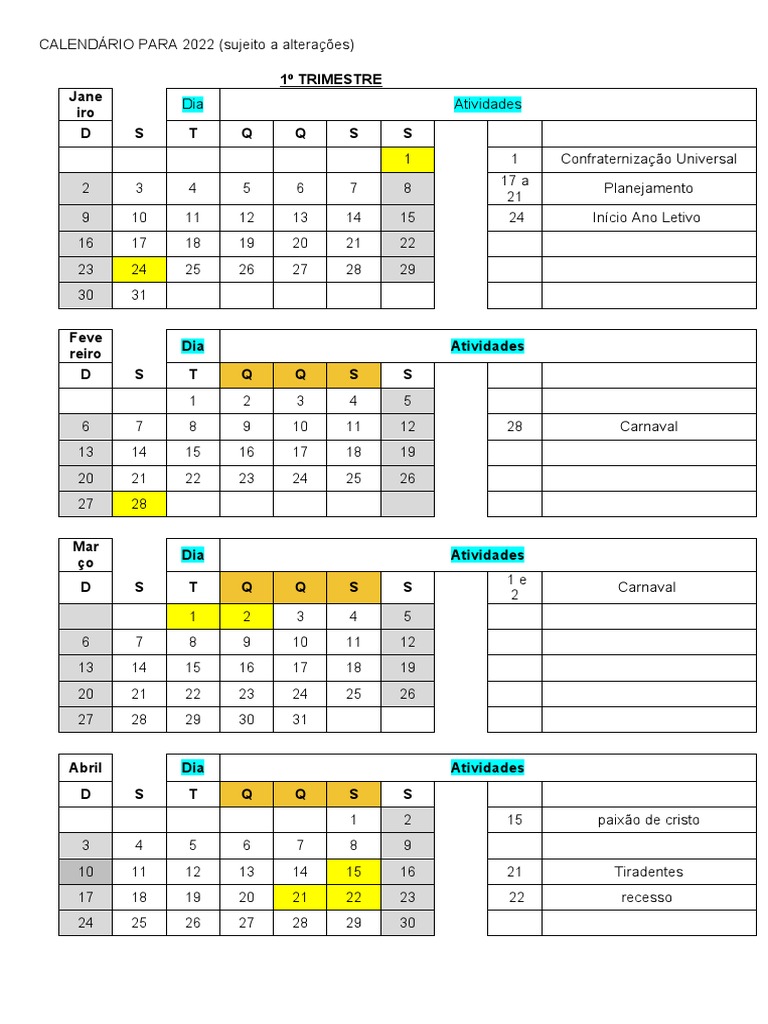 Calendário Escolar 2022 | PDF