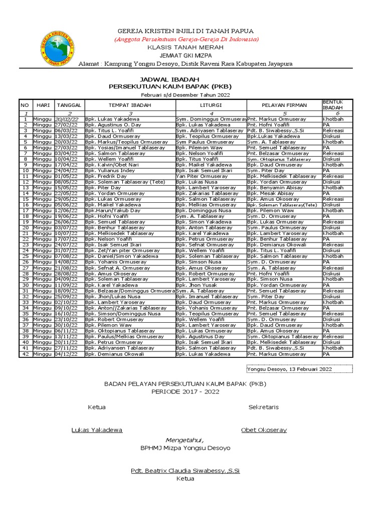 Jadwal Ibadah PKB GKI Mizpa 2022 | PDF