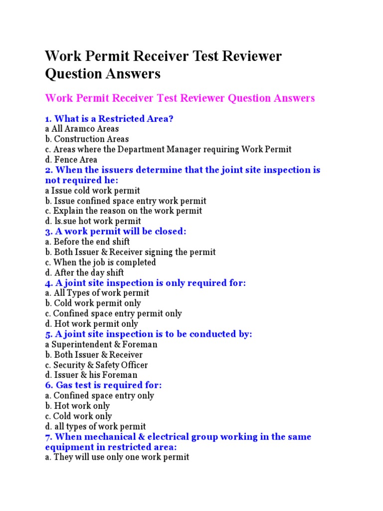 Work Permit Receiver Test Reviewer Question Answers | PDF | Safety
