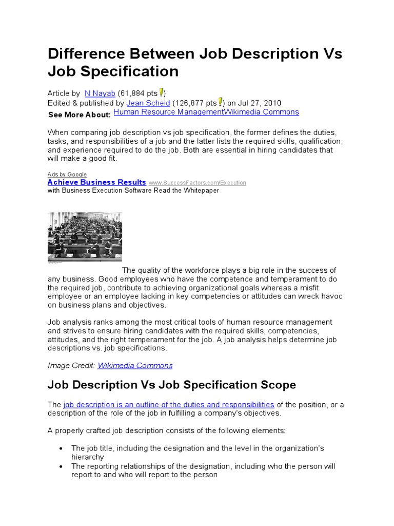 Difference Between Job Description Vs Job Specification | PDF ...
