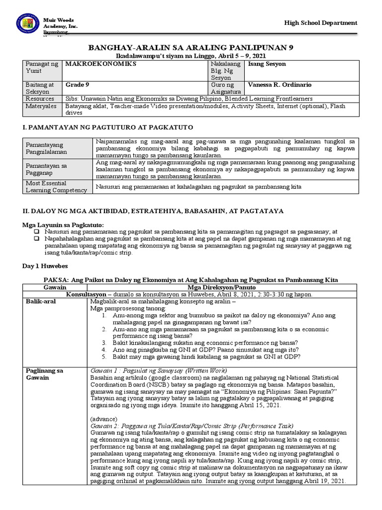 Banghay-Aralin Sa Araling Panlipunan 9 | PDF