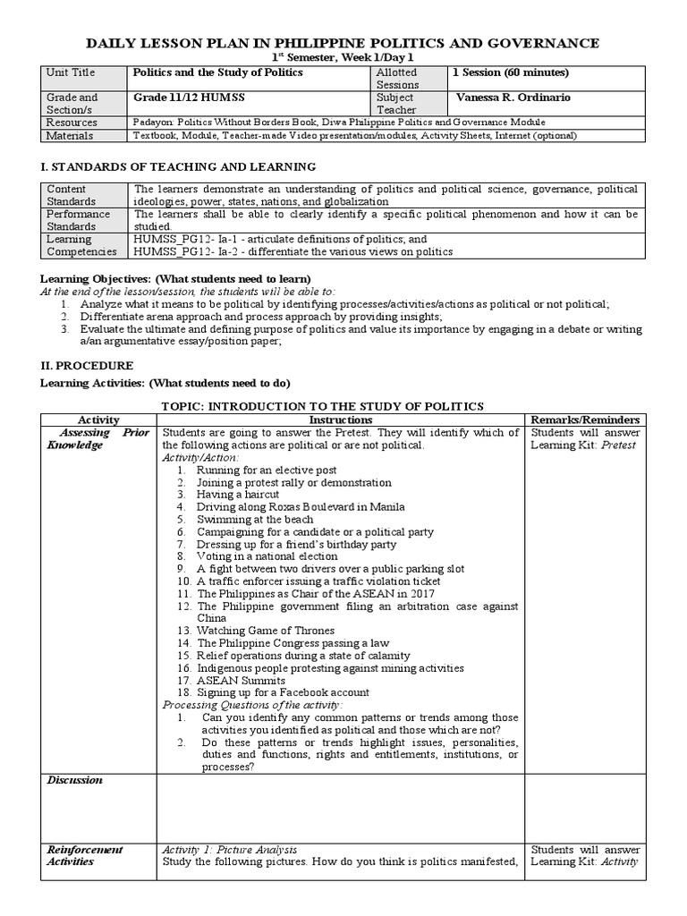 Daily Lesson Plan in Philippine Politics and Governance | PDF | Lesson ...