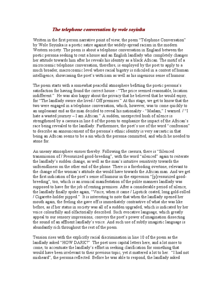 The Telephone Conversation by Wole Soyinka | PDF | Racism ...