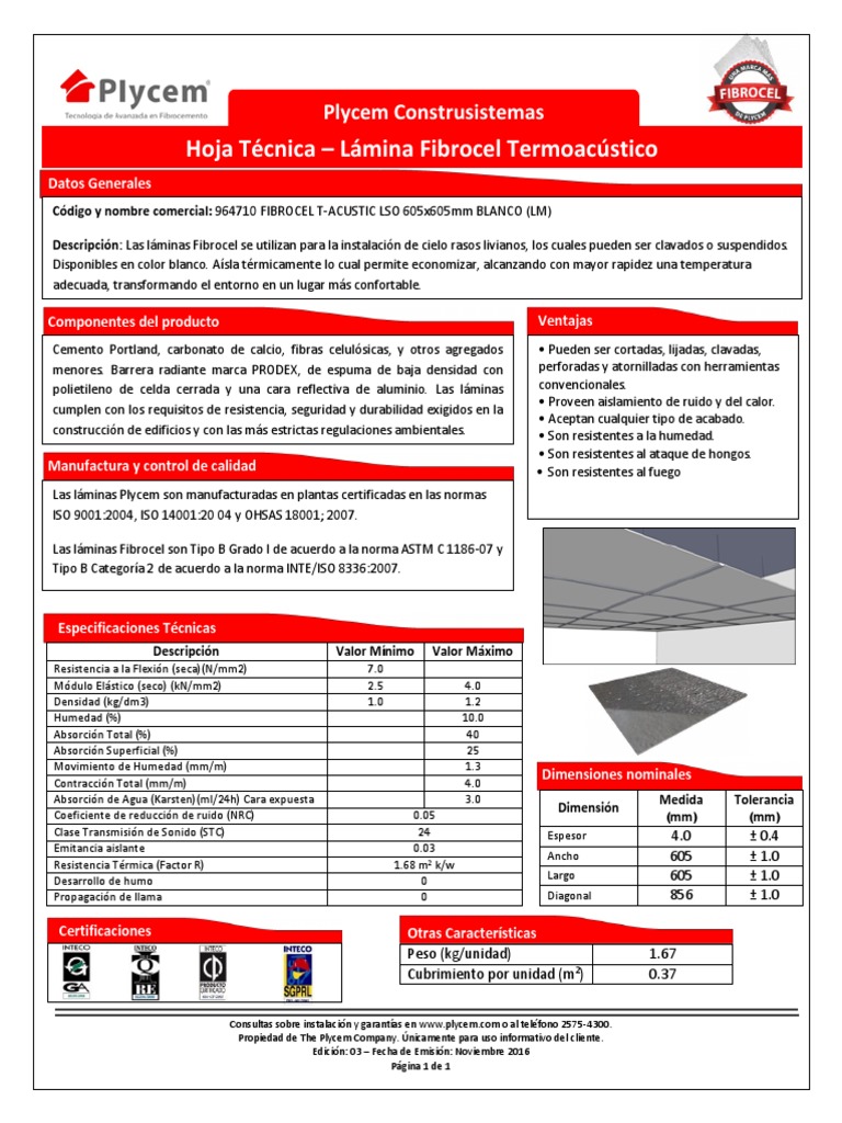 Ficha Técnica Fibrocel Termoacustico | PDF