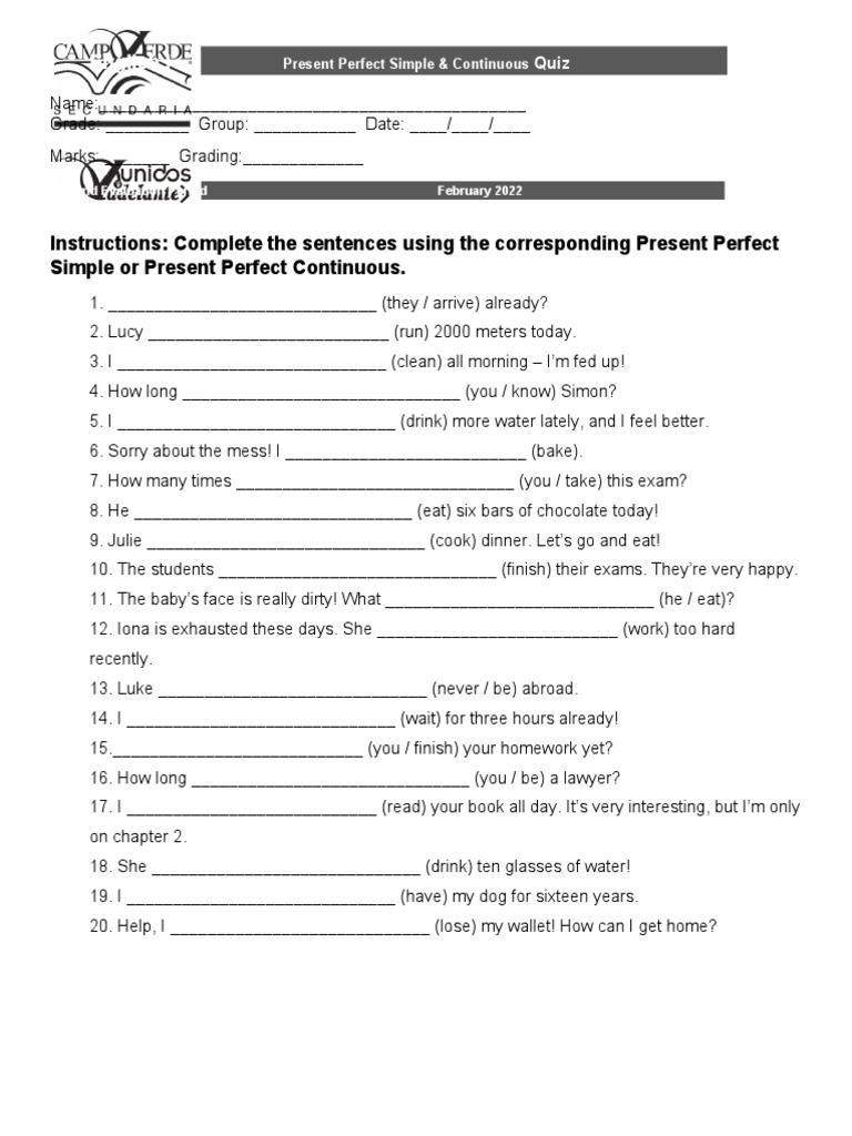 Quiz Present Perfect Simple and Continuous 7th | PDF