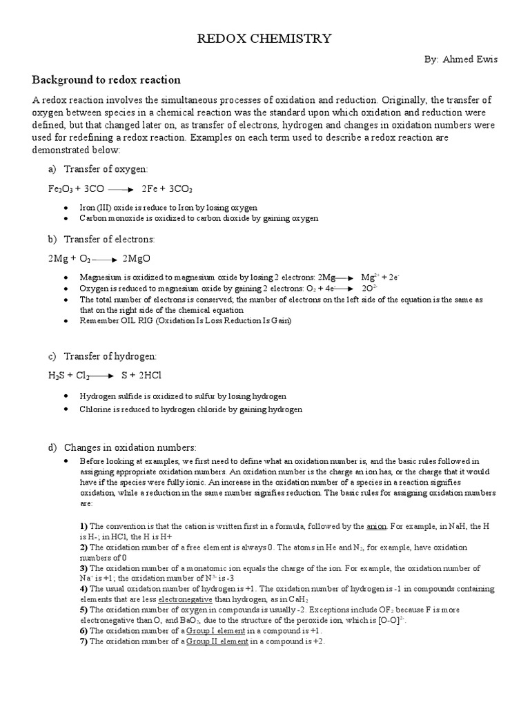 Redox Chemistry: Background To Redox Reaction | PDF | Redox | Chemical ...