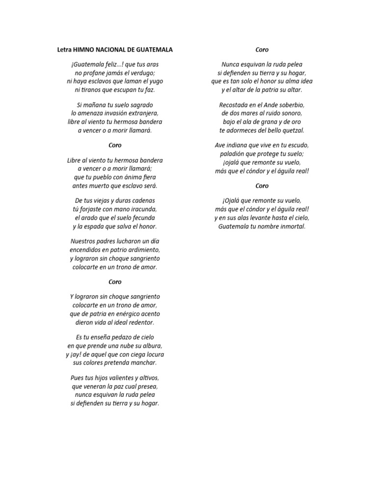 Letra HIMNO NACIONAL DE GUATEMALA | PDF