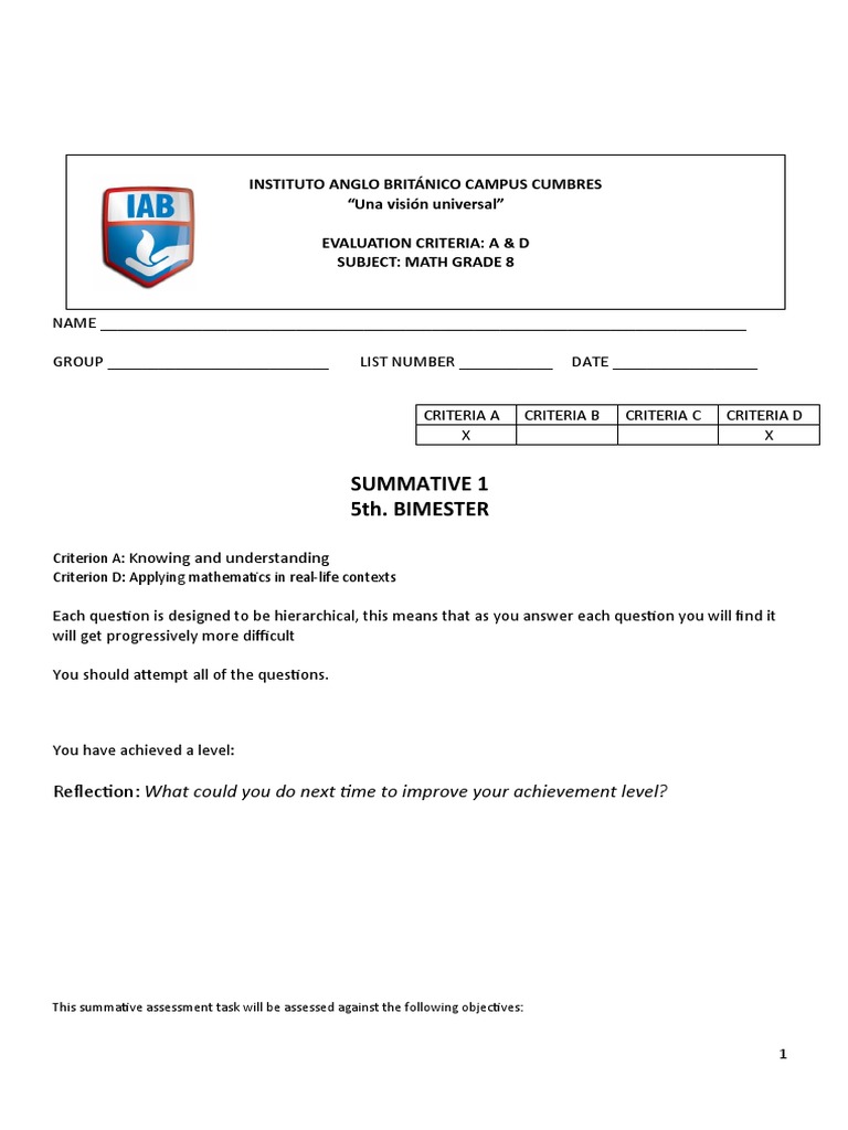 Math IB Summative Assessment Optimizing Measurements - Criteria A & D ...