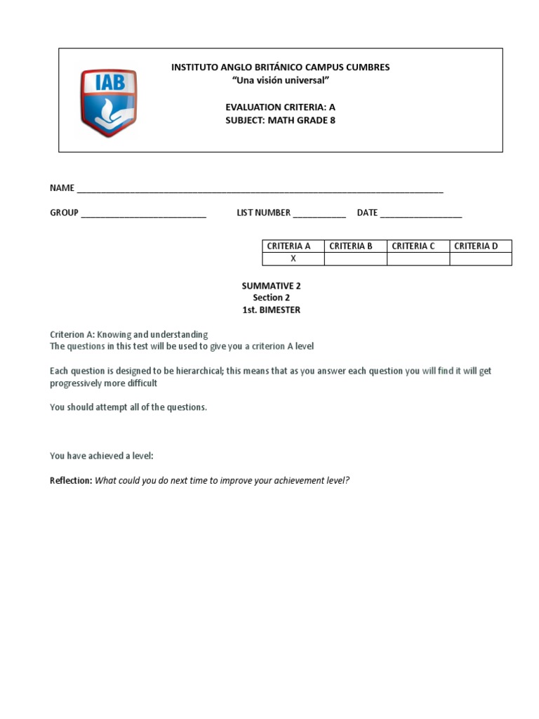 IB Math MYP III Summative Assessment Criteria A Equations | PDF