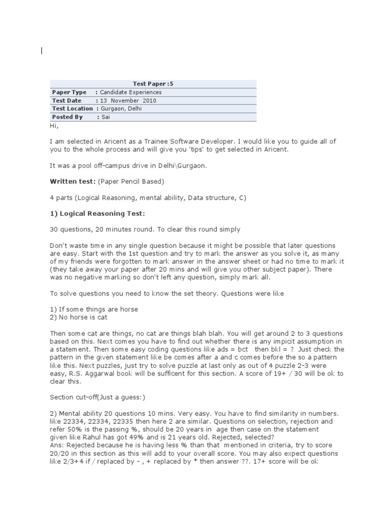 Written Test: (Paper Pencil Based) | Download Free PDF | Computer ...