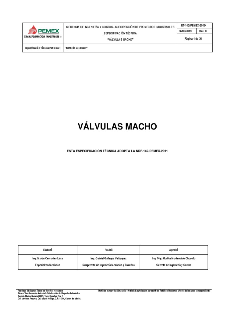 ET 142 PEMEX 2019 Válvulas Macho | PDF | Tornillo | Acero