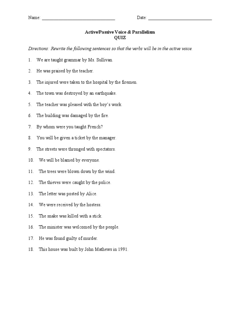 Active-Passive Parallelism Quiz Grade | PDF | Linguistics