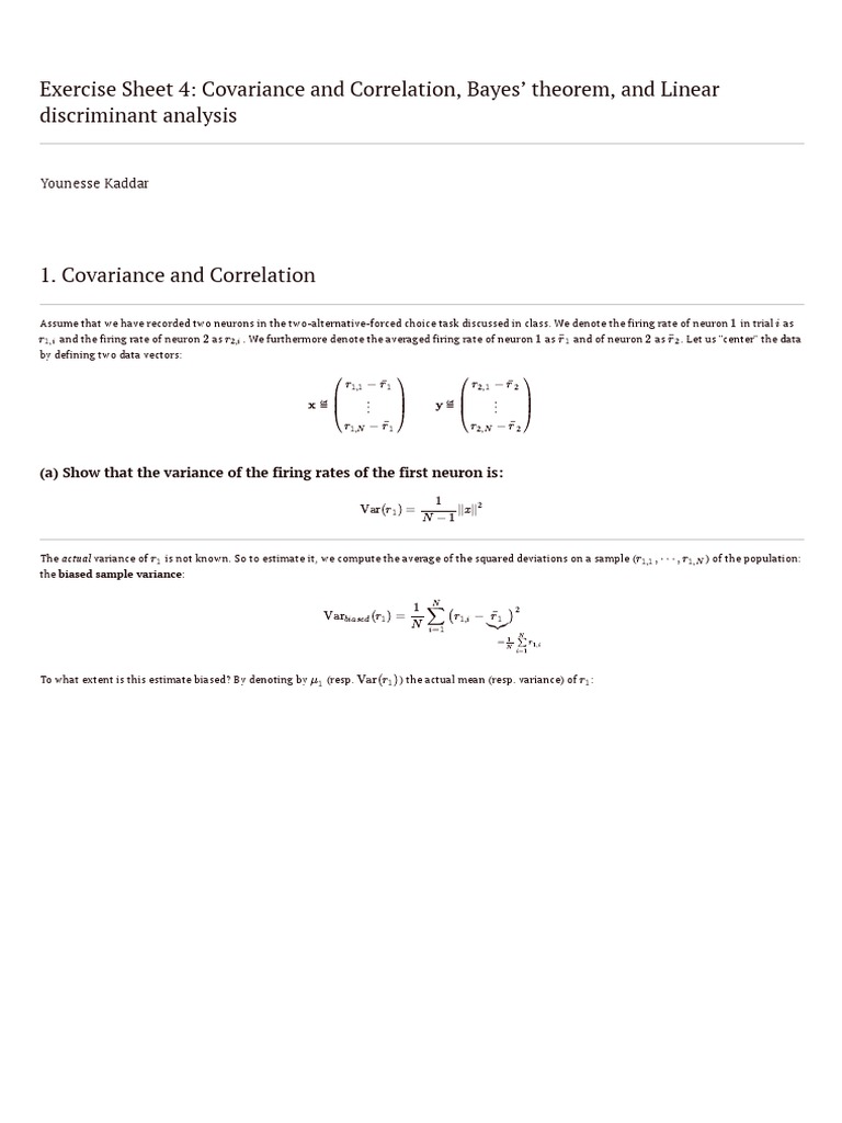 Exercise Sheet 4: Covariance and Correlation, Bayes' Theorem, and Linear Discriminant Analysis ...