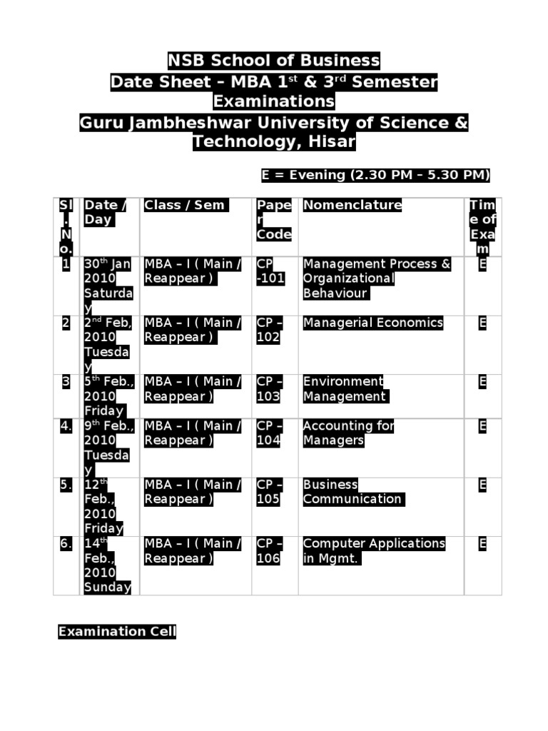 MBA Exam Schedule - NSB School of Business | PDF