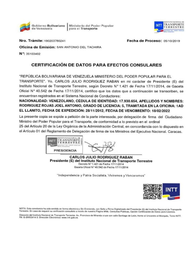 Carta Consular INTT | PDF