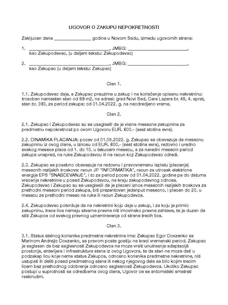 Ugovor o Zakupu Stana | PDF