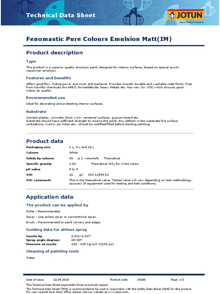 TDS 39285 Fenomastic Pure Colours Emulsion Matt (IM) Euk GB | PDF