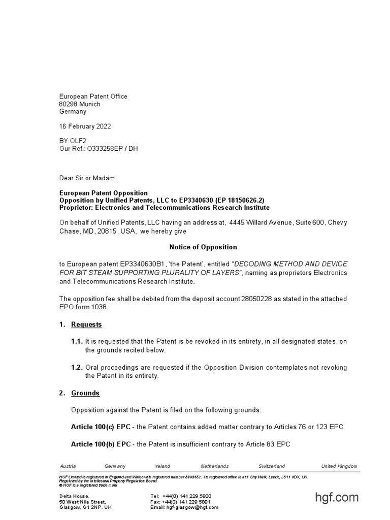 HGF - EPO - Grounds For Opposition (As Filed) | PDF