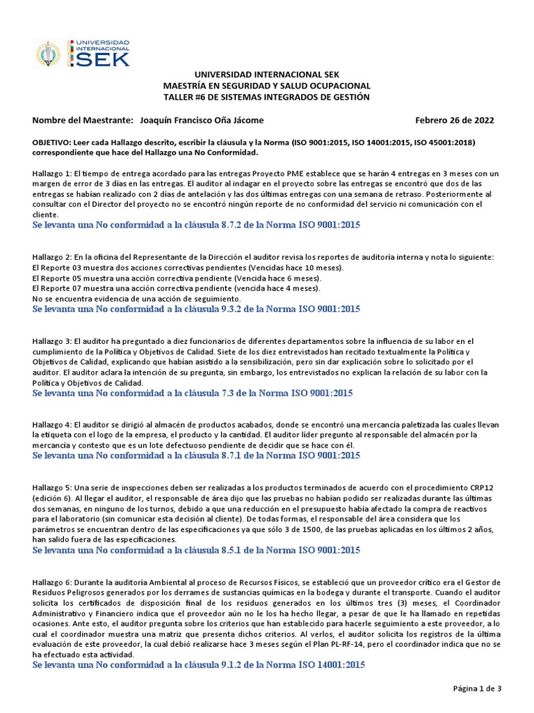 Taller#6 NC Iso 9K - Iso 14K - Iso 45K | PDF | Contralor | Auditoría