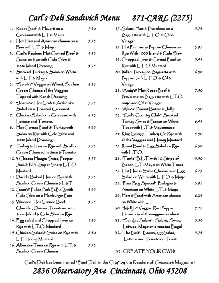 Carl's Deli Sandwich Menu: A Variety of Affordable Sandwich Options ...