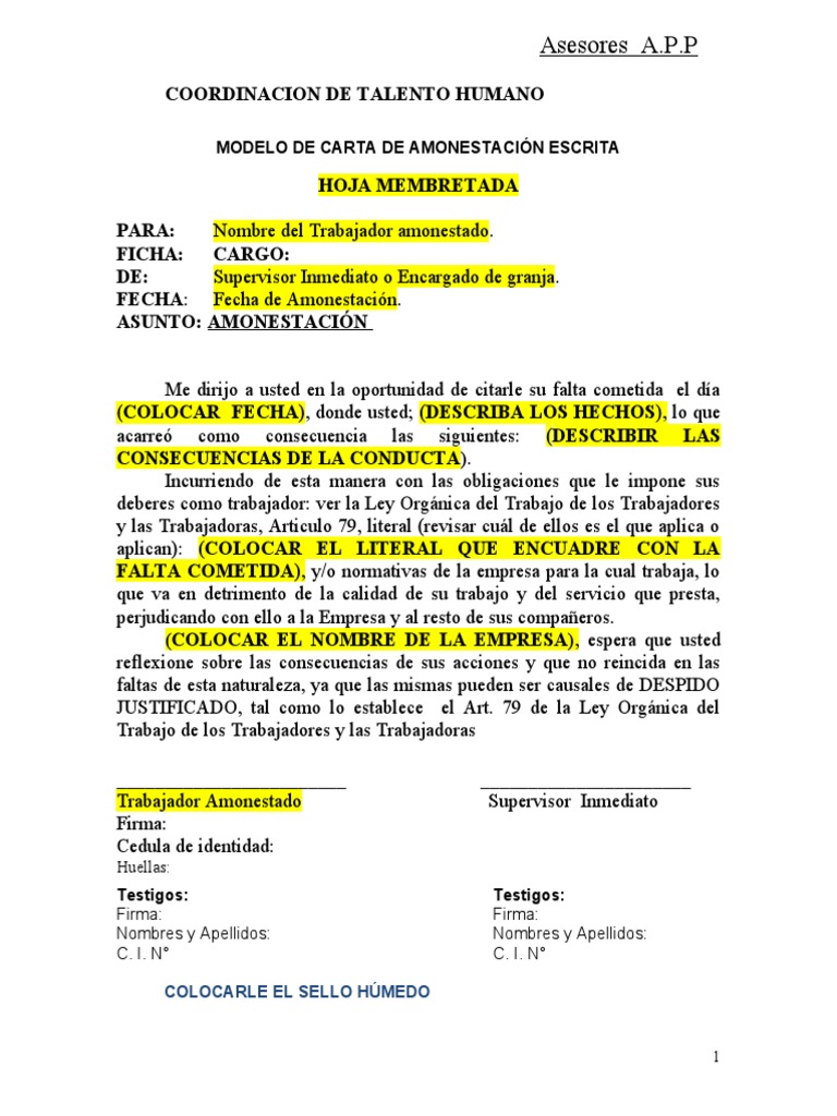 Modelo De Carta De Amonestacion Escrita Pdf