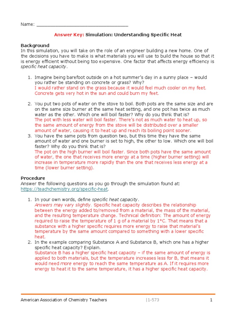 Answer Key:: Simulation: Understanding Specific Heat Background | PDF ...