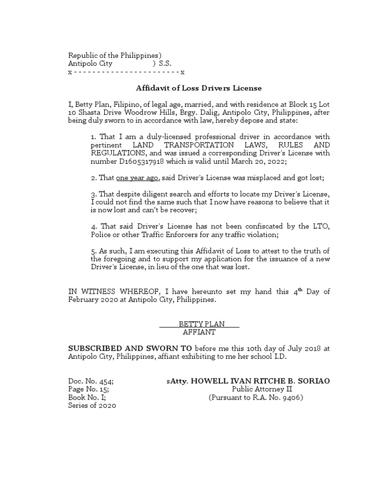 Affidavit of Loss Drivers License | PDF | Finance & Money Management