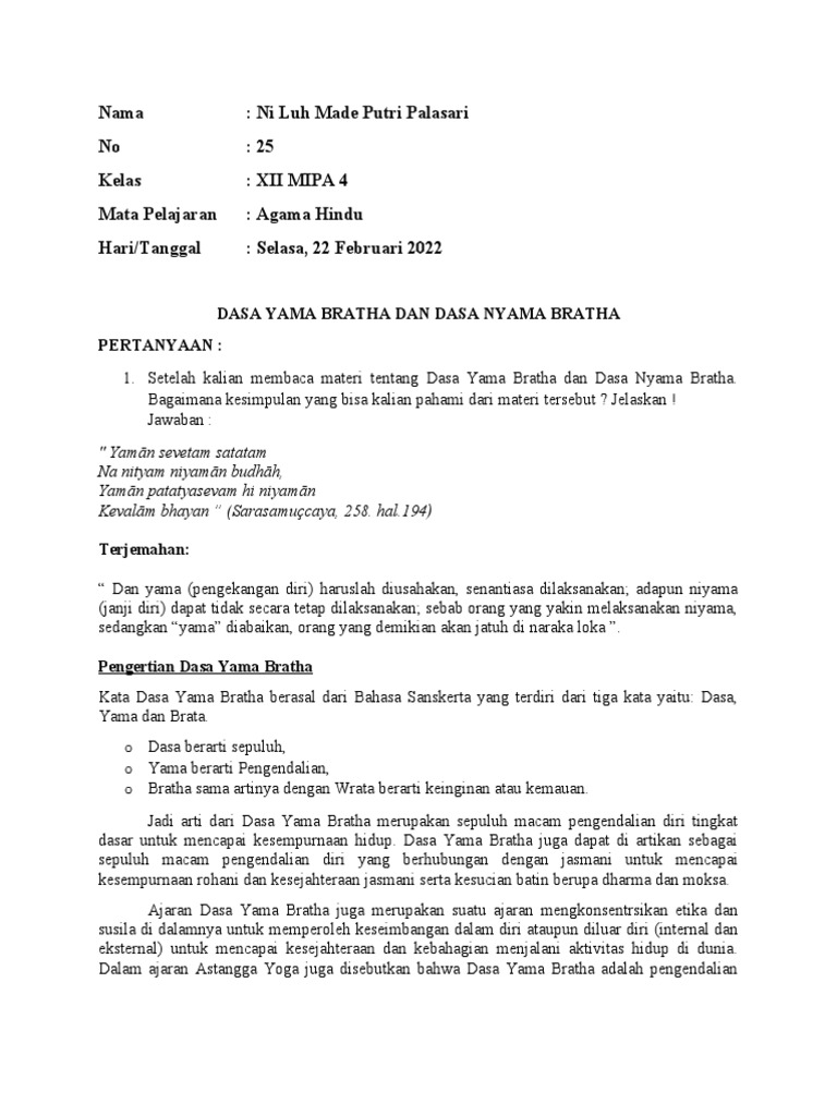 PH Bab V Dasa Yama Brata & Dasa Nyama Brata | PDF