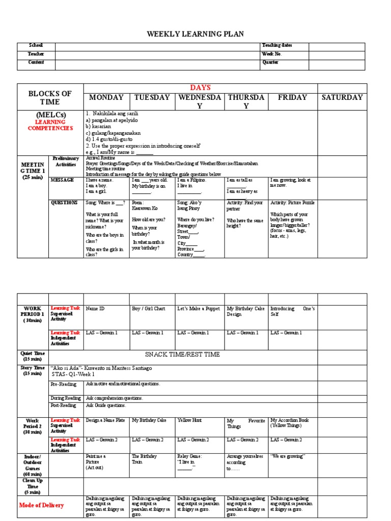 Weekly Learning Plan - WK 1 | PDF | Language Arts & Discipline