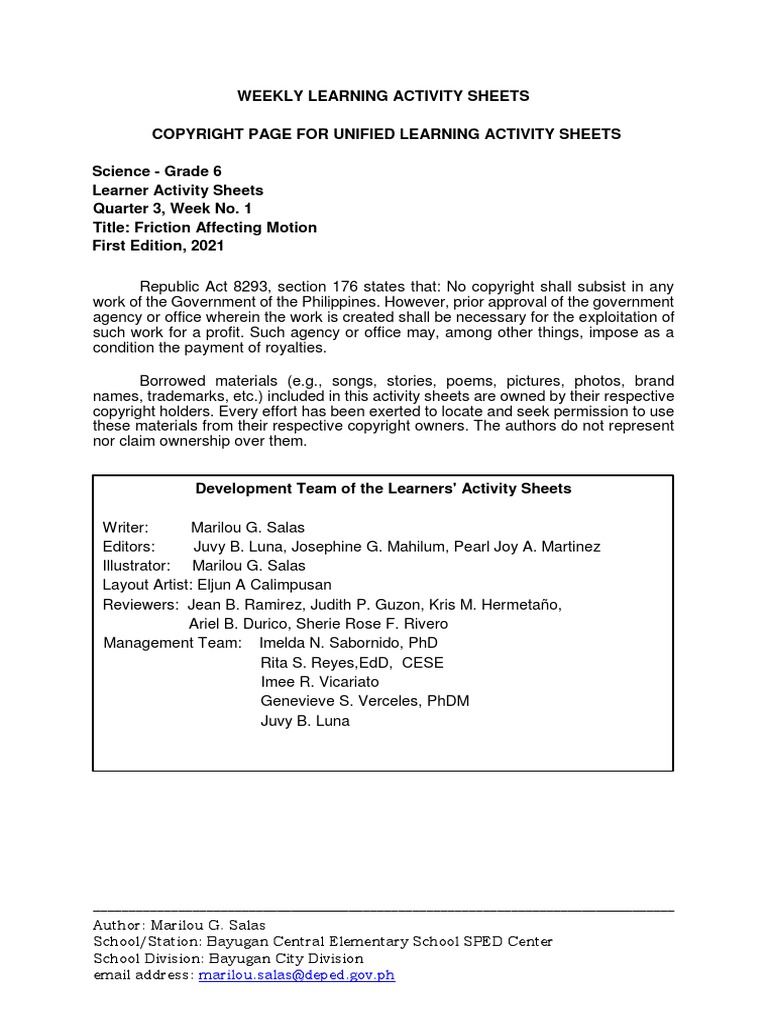 Weekly Learning Activity Sheets Science - Grade 6 Learner Activity Sheets Quarter 3, Week No. 1 ...