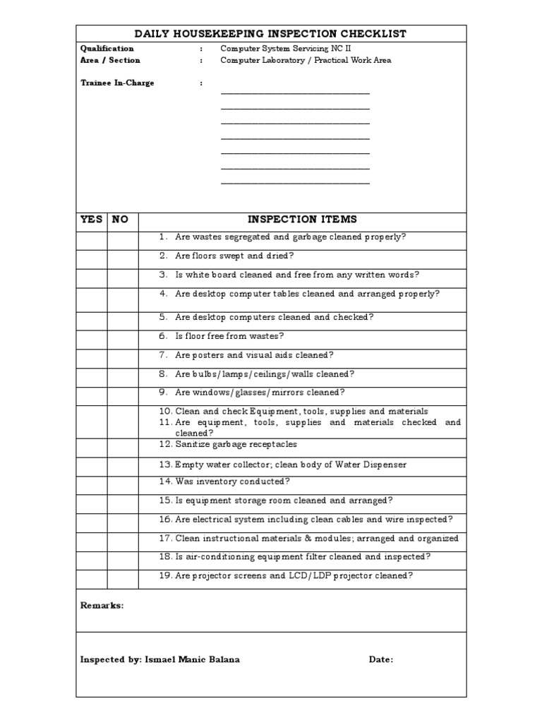 FORM 1.1c DAILY HOUSEKEEPING CHECKLIST | PDF