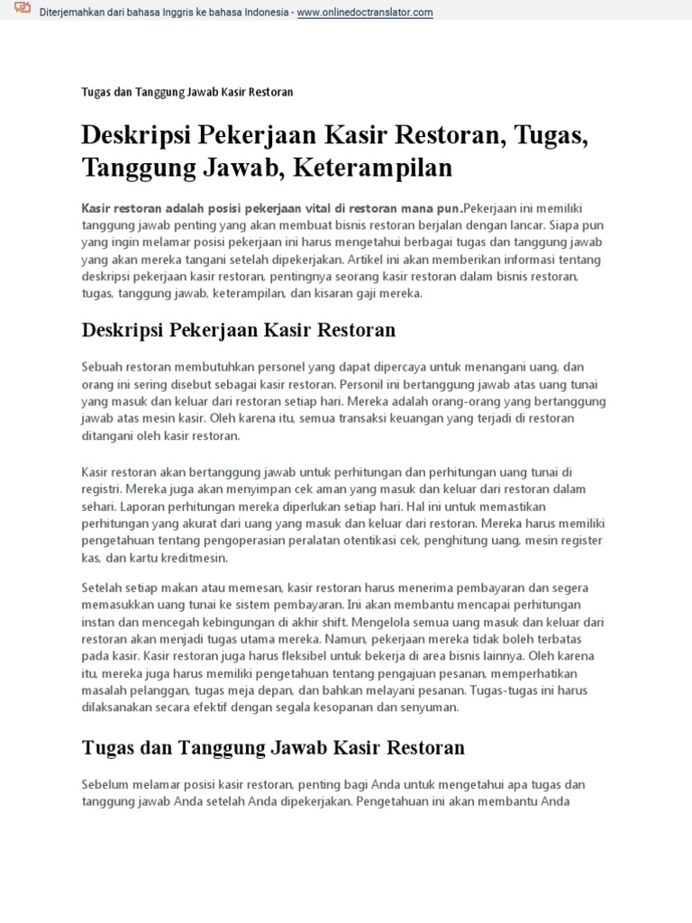 Restaurant Cashier .En - Id | PDF