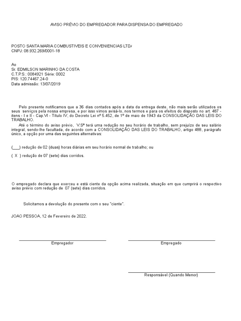 Aviso Prévio MODELO | PDF
