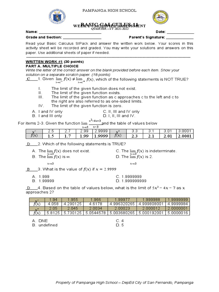 q3 Basic Calculus | PDF | Multiple Choice | Derivative
