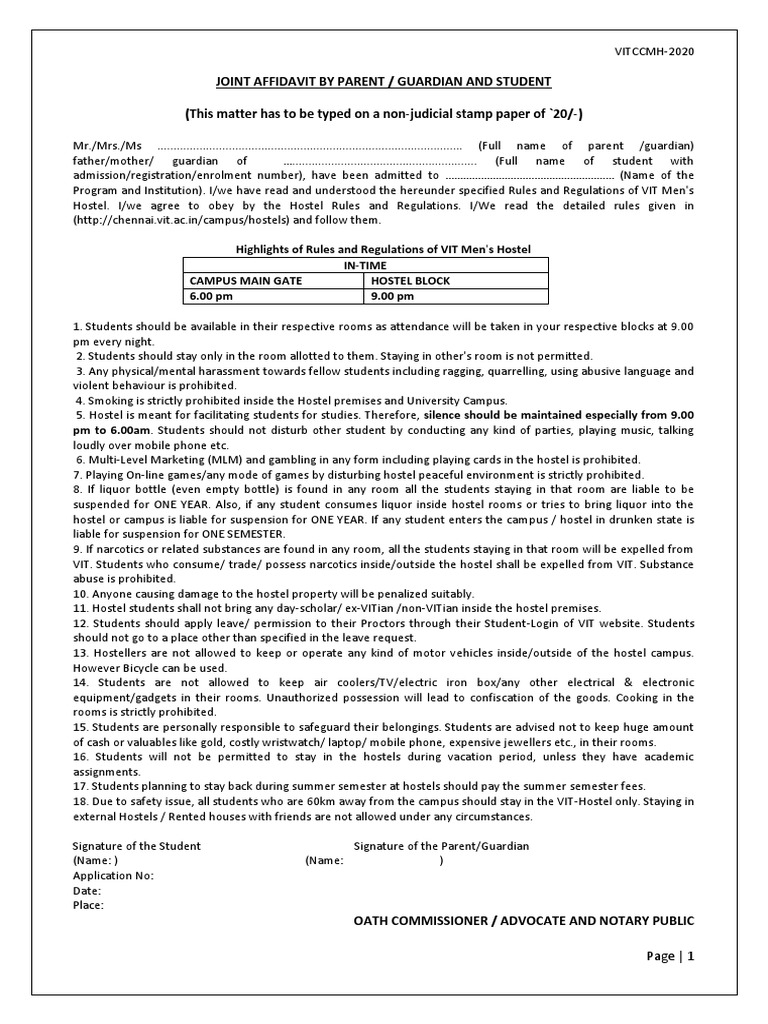 Hostel Affidavit Mens Hostel 2020 2021 | PDF | Justice | Crime & Violence