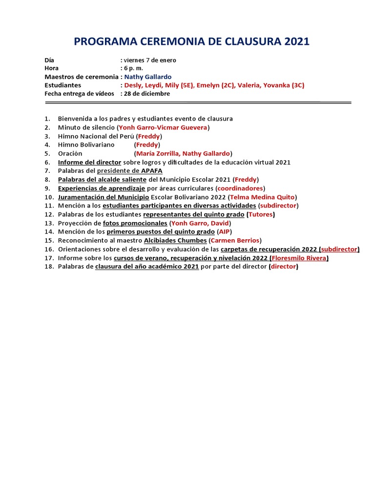 Programa Ceremonia de Clausura 2021 | PDF