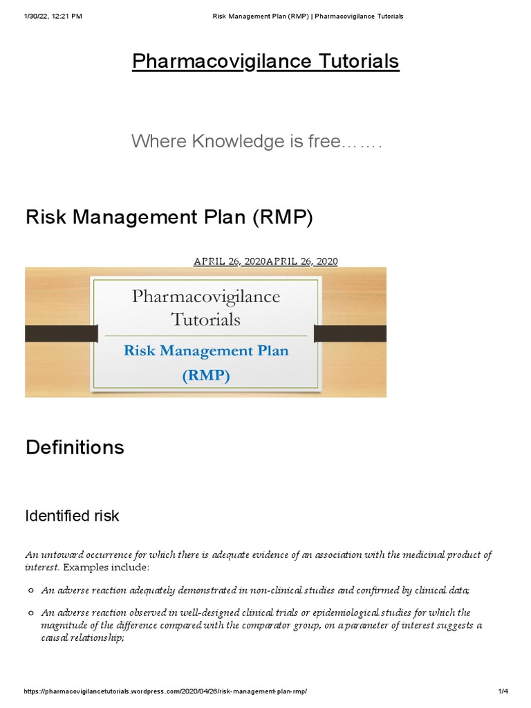 Risk Management Plan (RMP) - Pharmacovigilance Tutorials | PDF ...